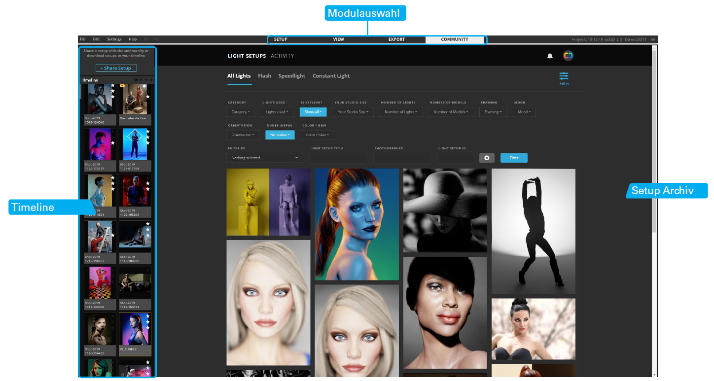 Benutzeroberfläche von set.a.light 3D - elixxier Software
