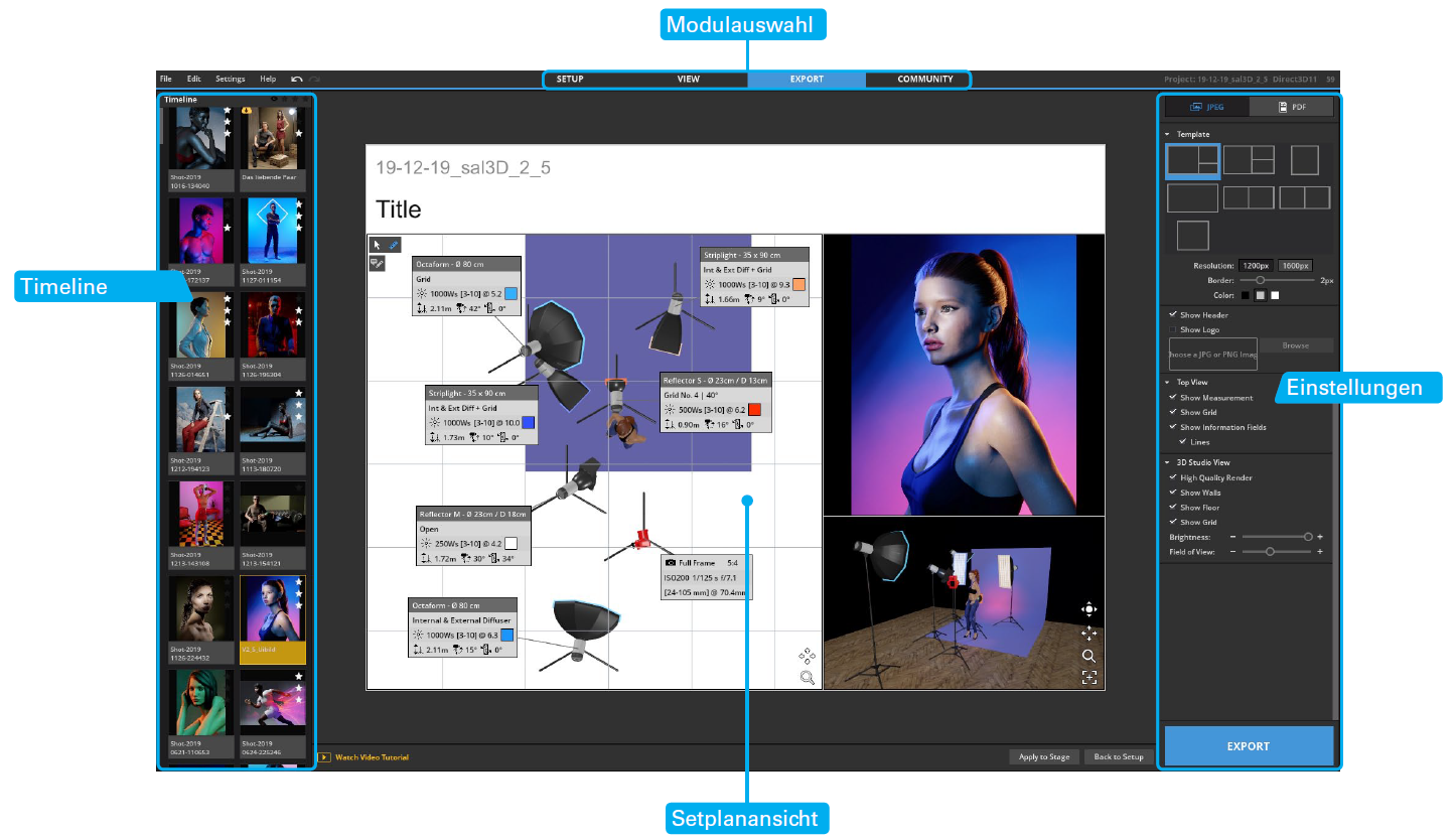Benutzeroberfläche von set.a.light 3D - elixxier Software