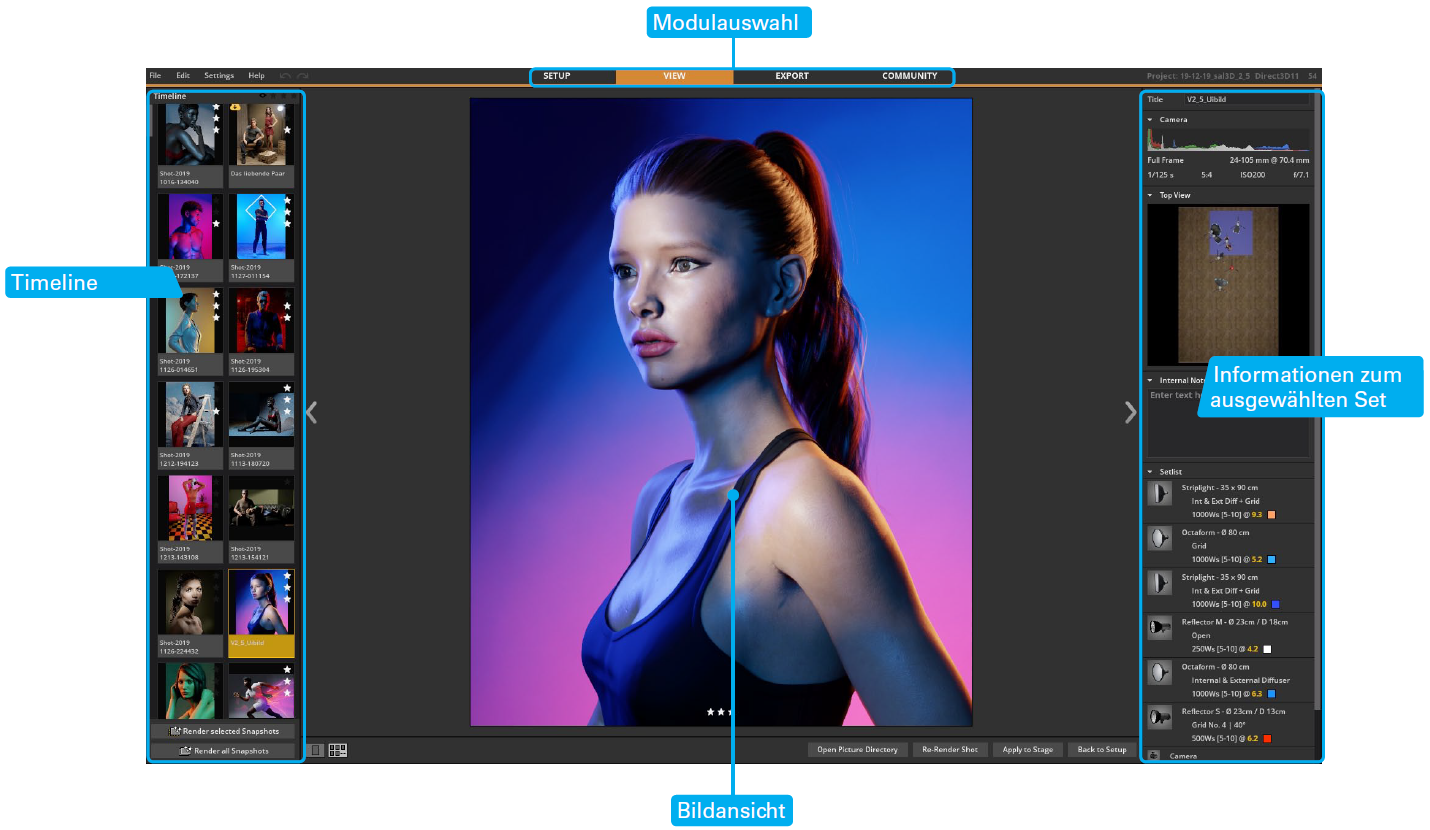 Benutzeroberfläche von set.a.light 3D - elixxier Software